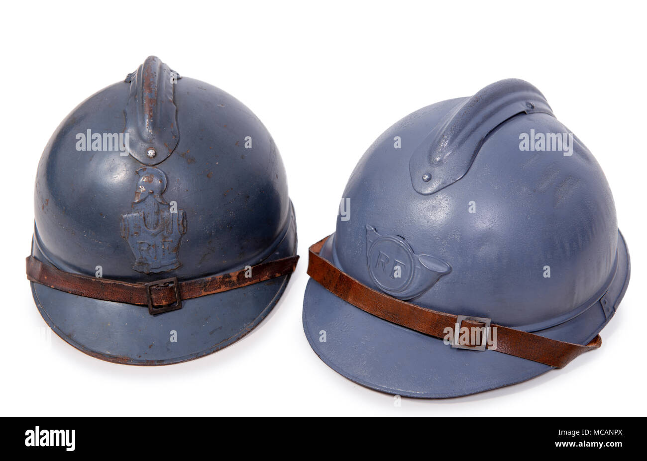 two french military helmet of the First World War isolated on white ...