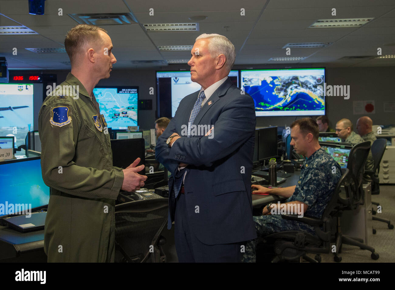 Vice President Mike Pence speaks with Air Force Col. Douglas Musselman ...