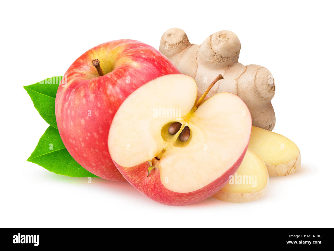 Cut red apple and ginger isolated on white background with clipping ...