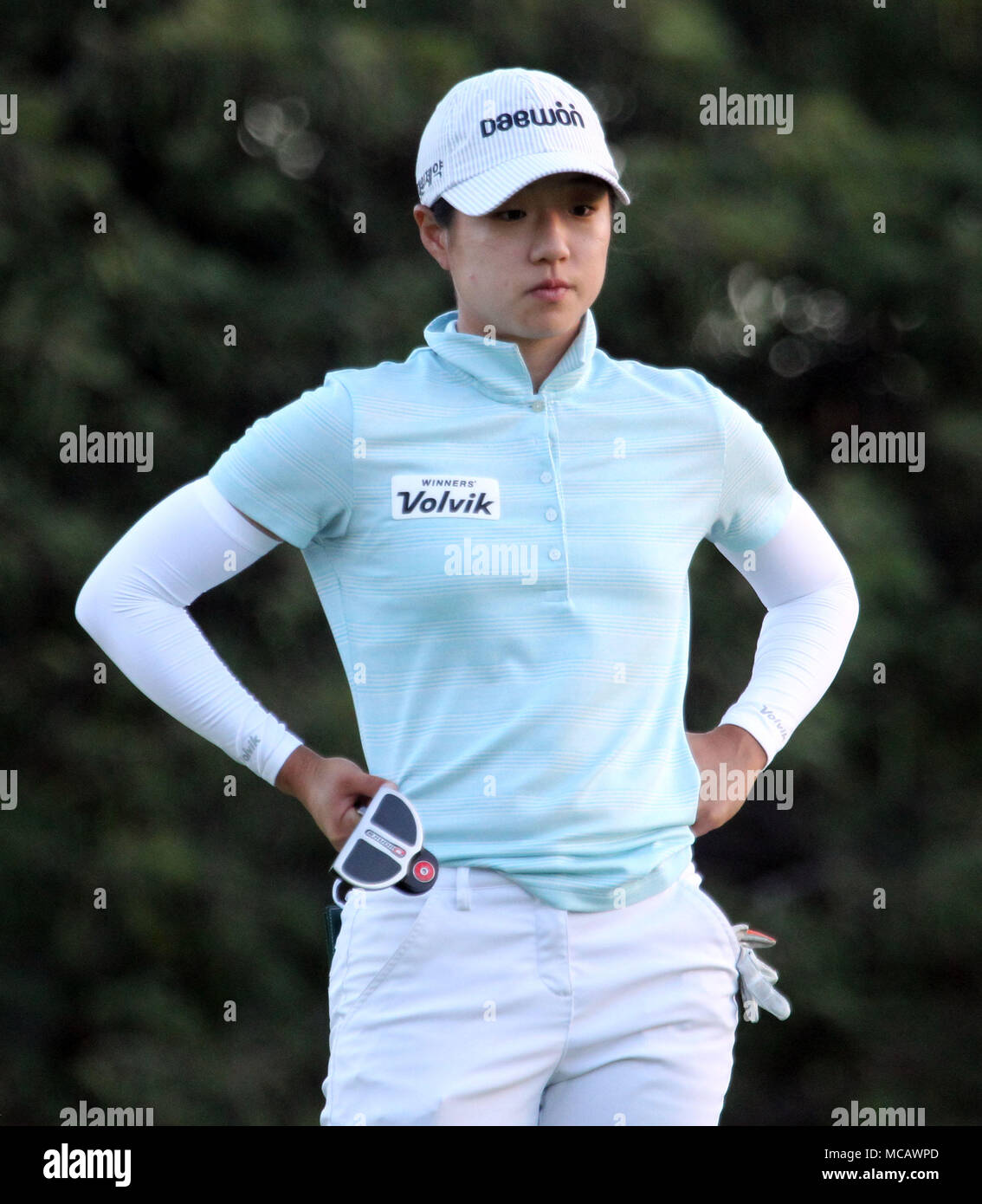 April 11, 2018 - Kelly W Shon looks at her line on the 8th green during ...