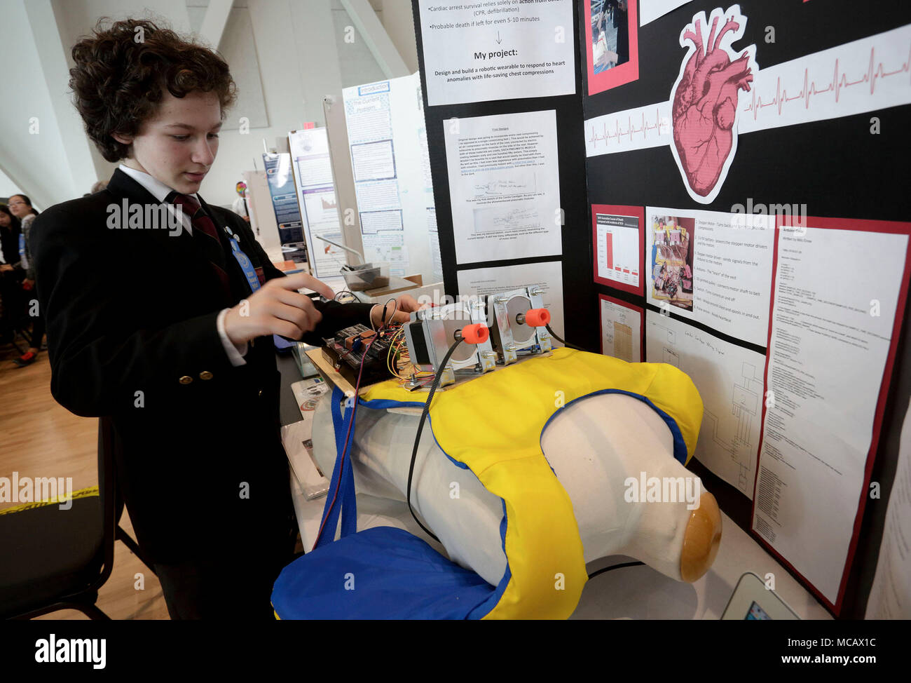 Vancouver, Canada. 14th Apr, 2018. A student introduces his automatic ...