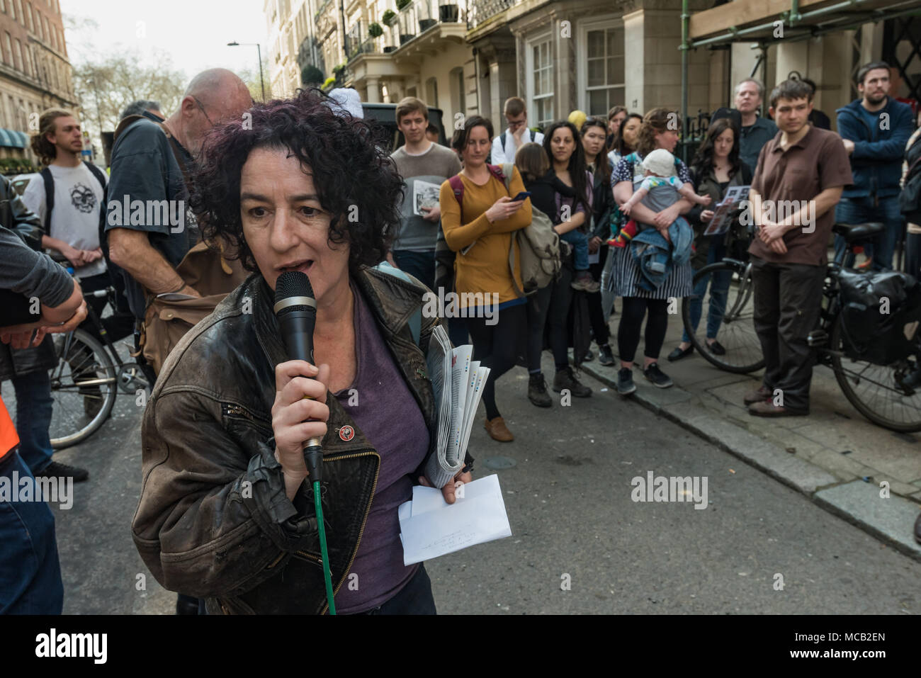 London, UK. 14th April 2018. Kat from the RCG (Revolutionary Communist ...