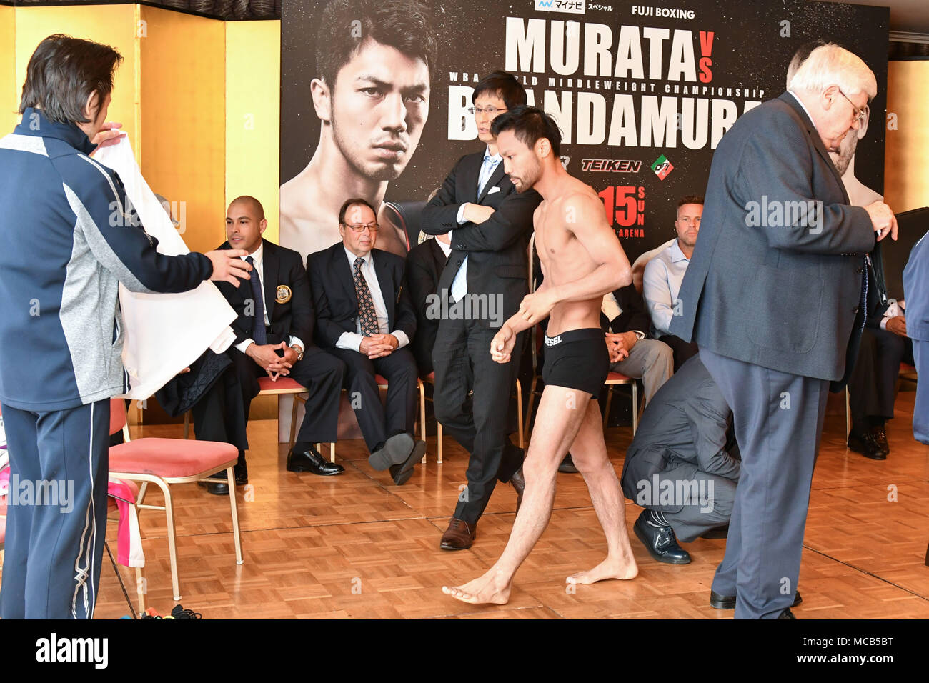 Tokyo, Japan. 14th Apr, 2018. Daigo Higa of Japan attends the official weigh-in for the WBC ...