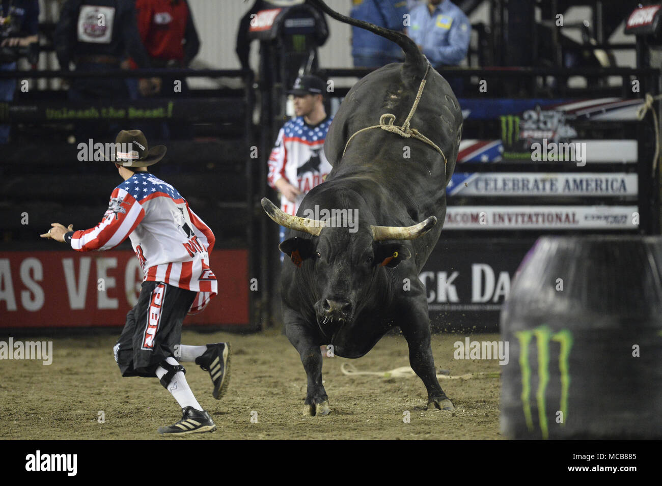 Tacoma, Washington, USA. 14th Apr, 2018. PBR 2018: Bull fighter CODY ...