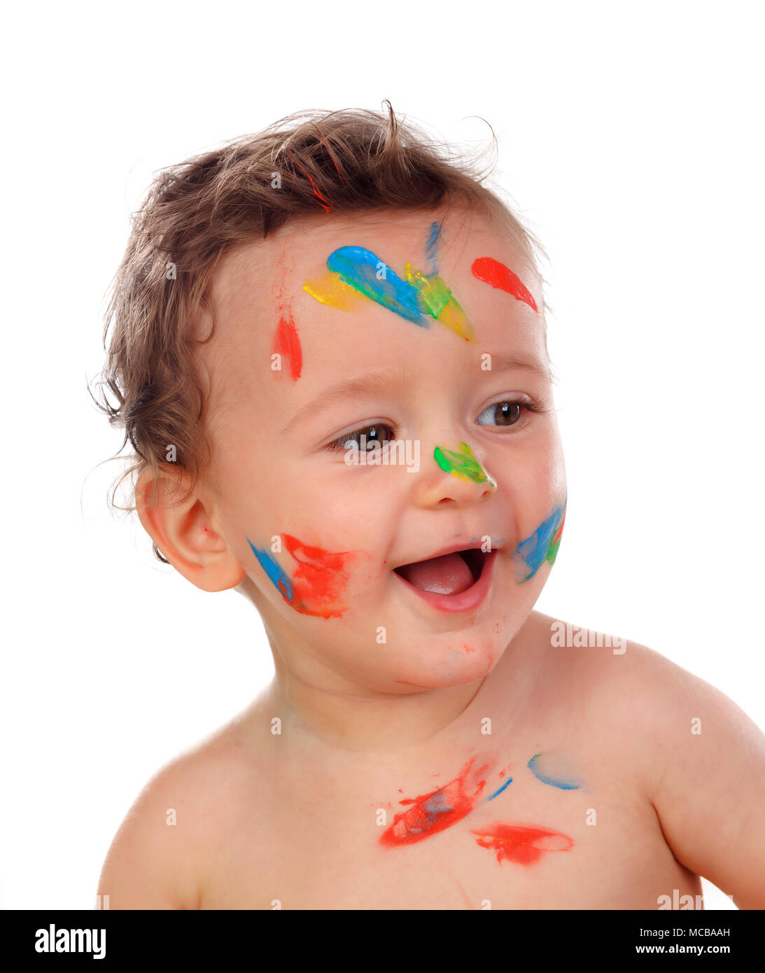 Funny child dirty with paint isolated on a white background Stock Photo ...
