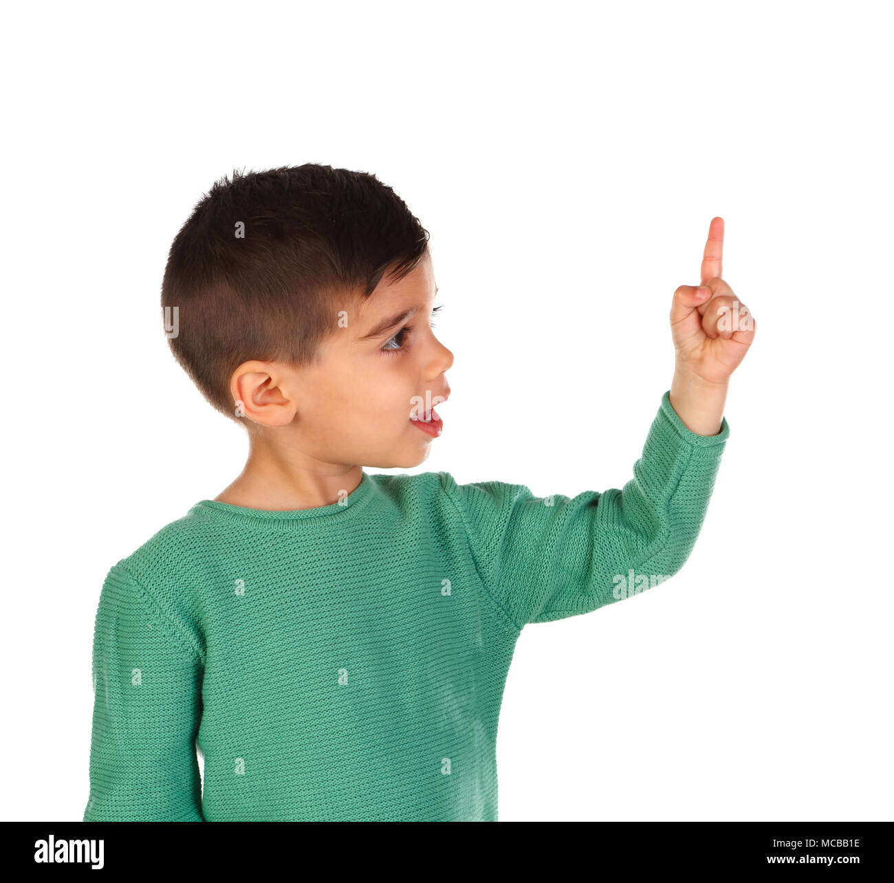 Cute kid pointing with his finger isolated on white background Stock ...