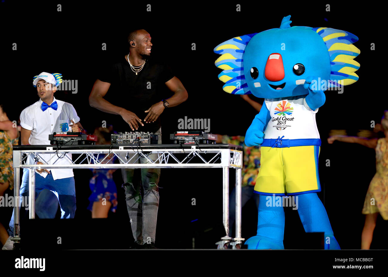 Usain Bolt and Commonwealth Games mascot Borobi the blue koala on stage ...