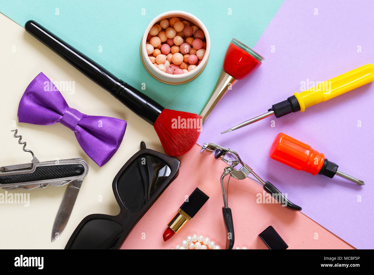 still life set accessories and tools for men and women Stock Photo - Alamy