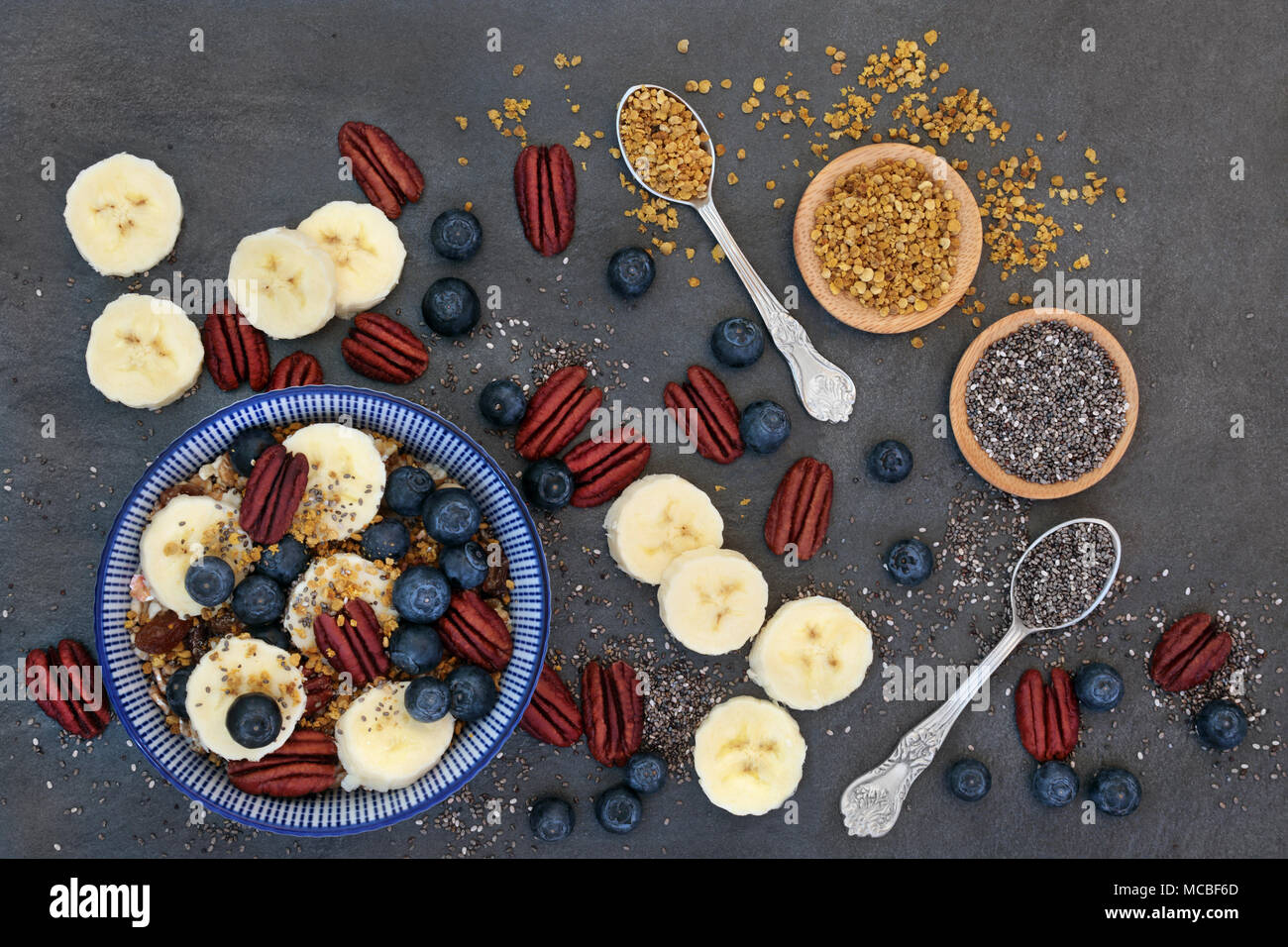 Macrobiotic health food for breakfast concept with banana, granola ...