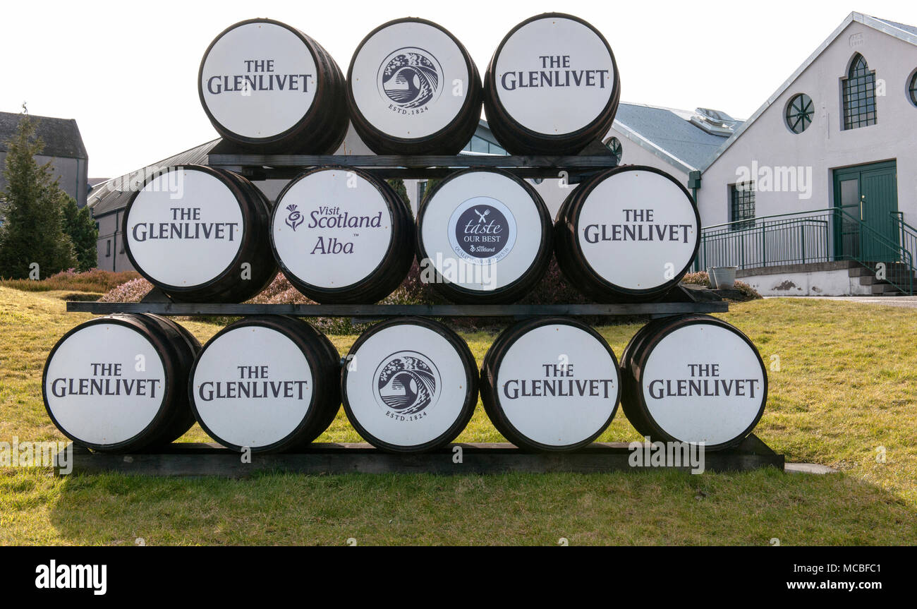 Display of whisky barrels at the entrance to The Glenlivet Distillery ...