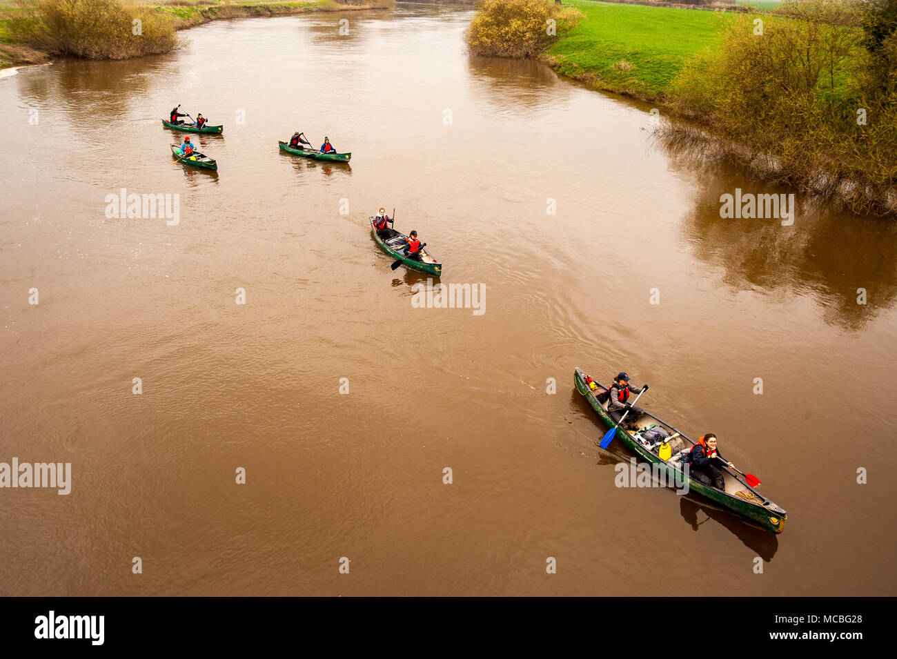 Canoes on a Sunday morning excursion down the River Severn at Cressage ...