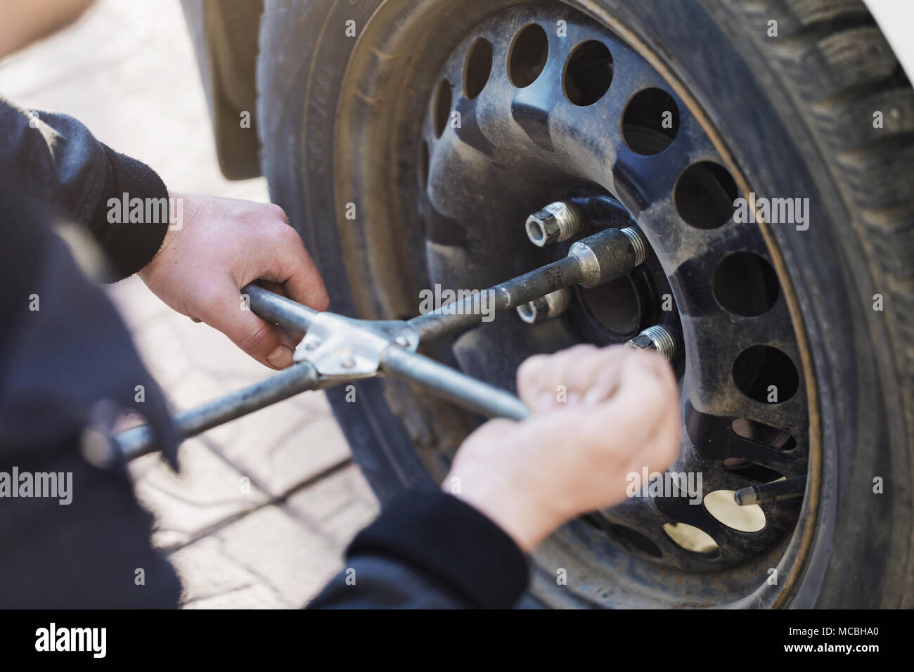 Process of unscrewing the car wheel and replacing the winter tires for ...