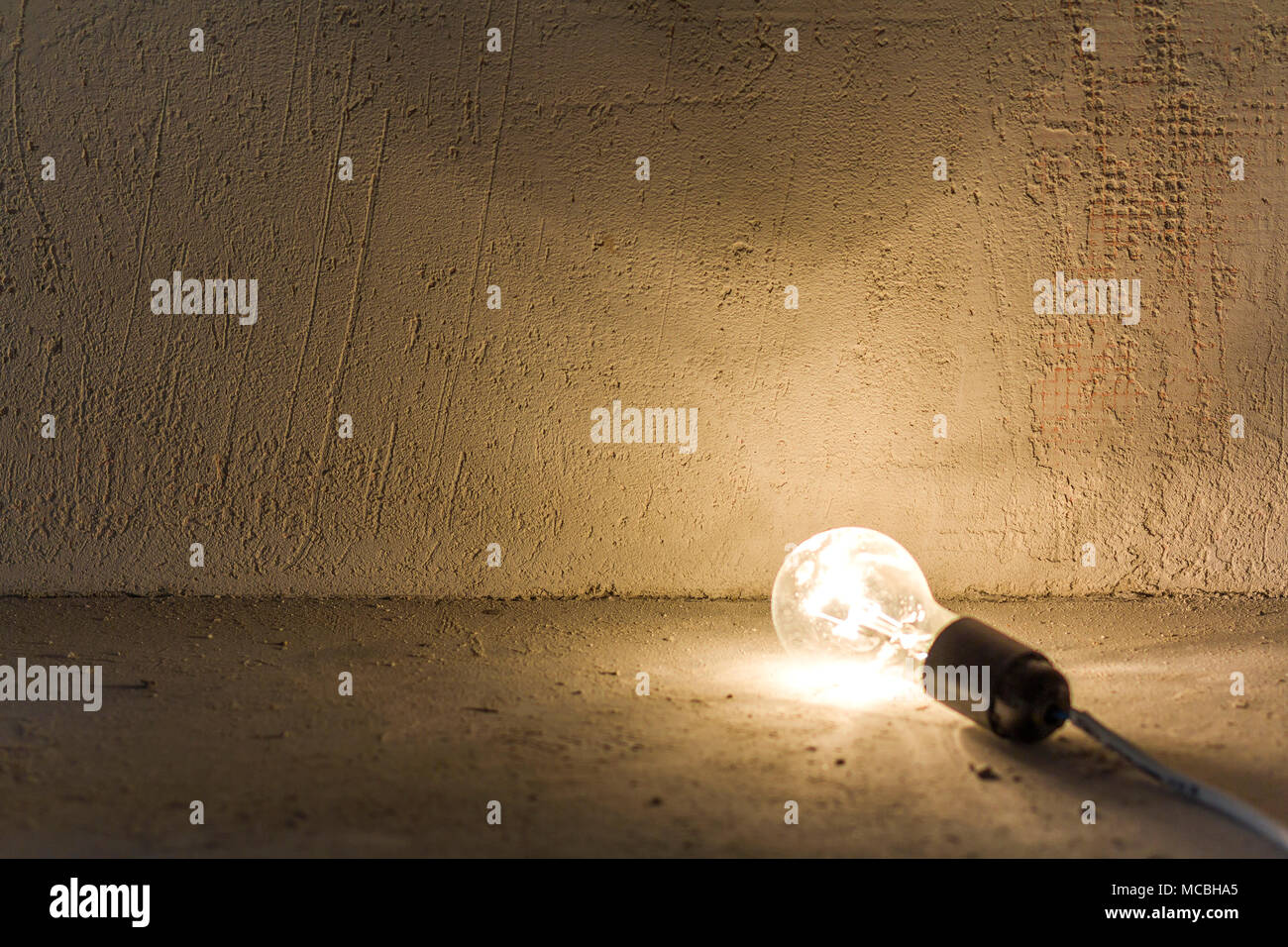 Close up photo of electric bulb lying on the floor shining on fresh ...