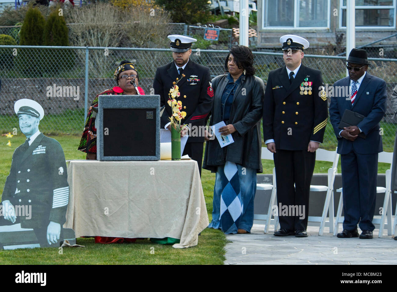 BREMERTON, Wash. (March 30, 2018) Mrs. Karen Vargas reads the biography of Chief Gunner's Mate ...
