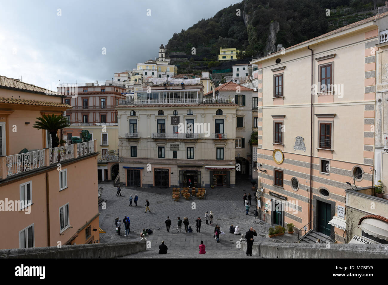 The central square from the steps of Amalifi Cathedral, Amalifi, Italy ...