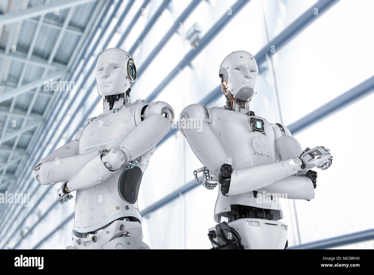 3d rendering two humanoid robots arm crossed Stock Photo - Alamy