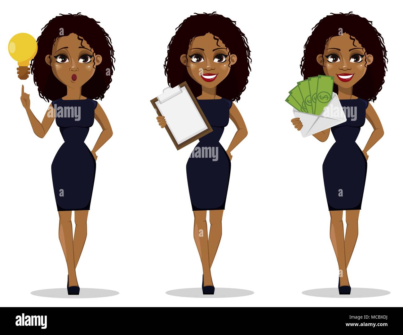 African American business woman cartoon character, set. Young beautiful ...