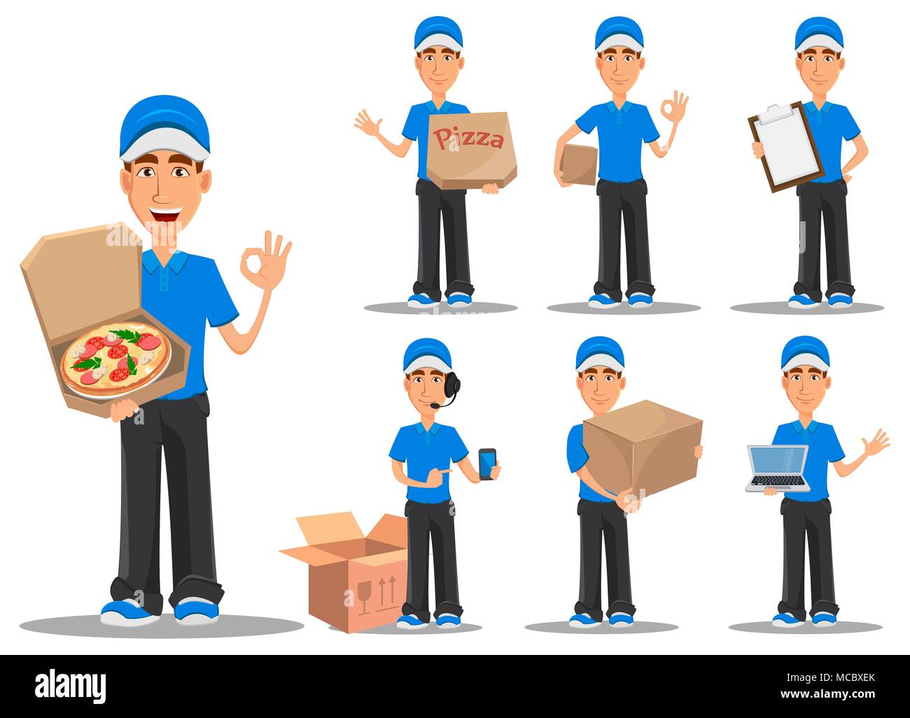 Smiling delivery man in blue uniform, set. Vector illustration on white ...