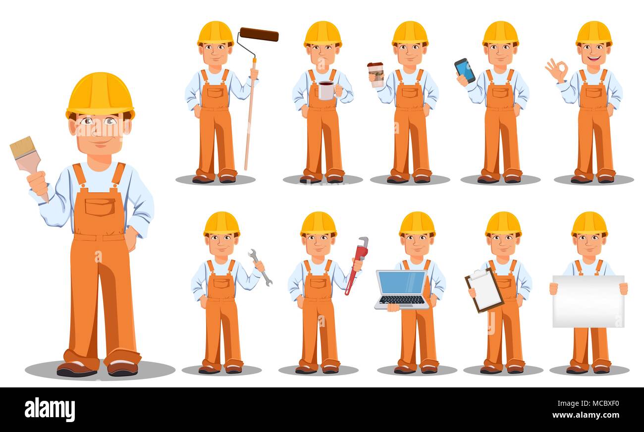 Handsome builder in uniform, cartoon character, set. Professional ...