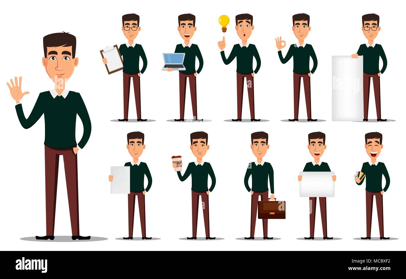 Business Man Cartoon Character Set Young Handsome Smiling Businessman