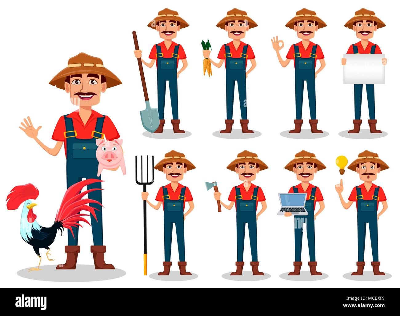 Farmer cartoon character, set. Handsome gardener or rancher. Vector ...