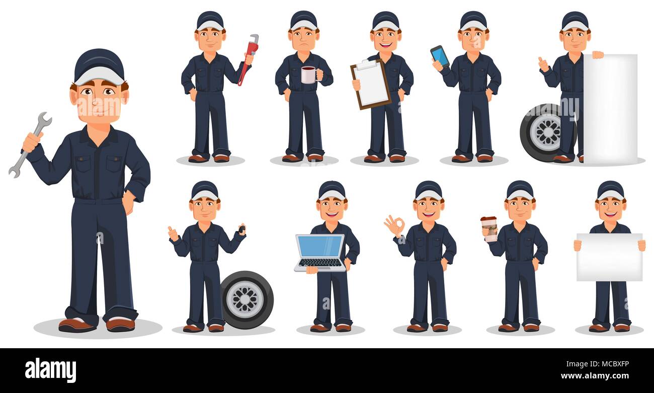 Professional auto mechanic in uniform, set. Smiling cartoon character ...