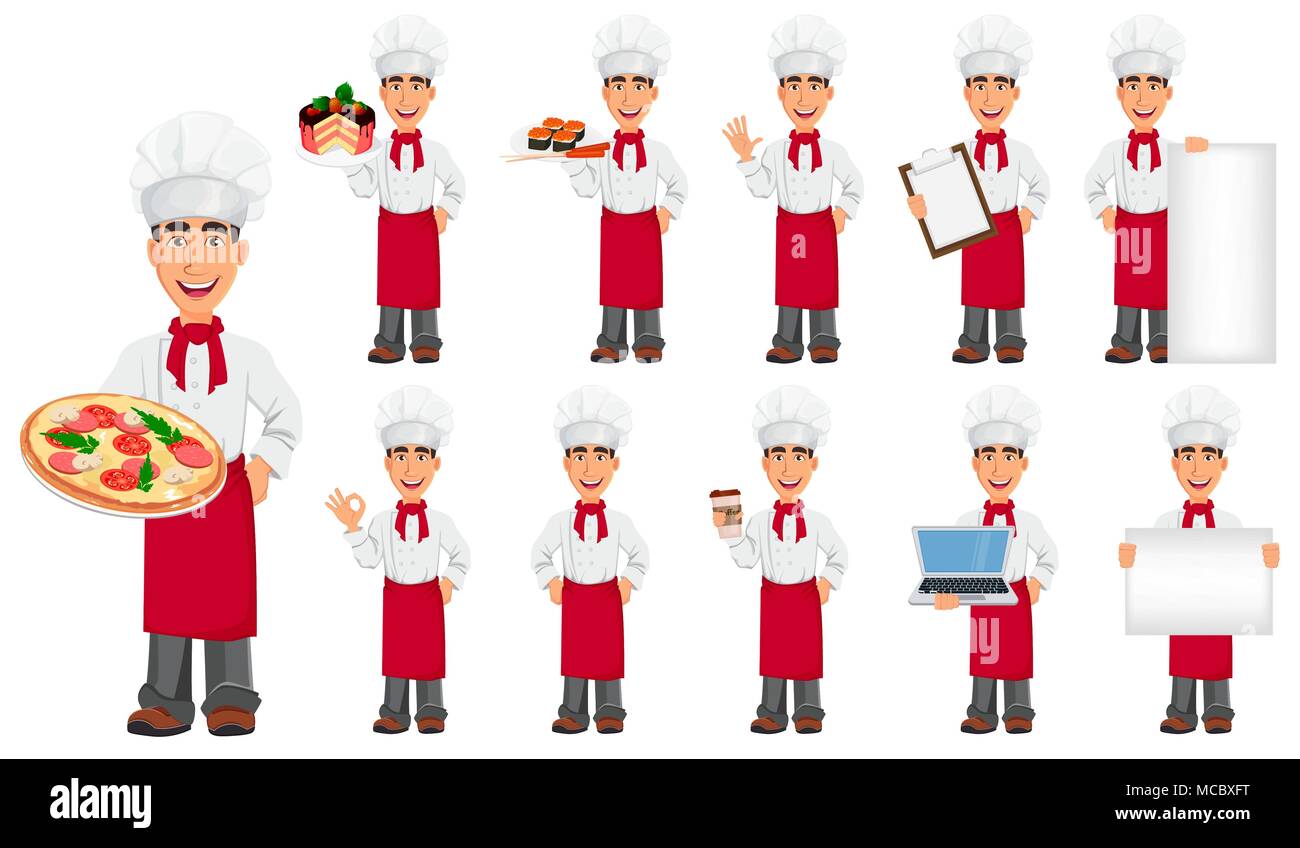 Young professional chef in uniform and cook hat, set. Restaurant staff ...