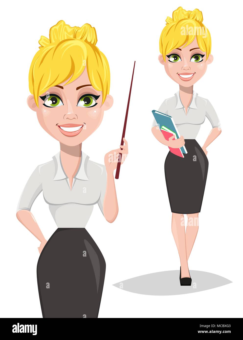 Cheerful female teacher holding books and holding a pointer. Happy ... Cheerful female teacher holding books and holding a pointer. Happy ...