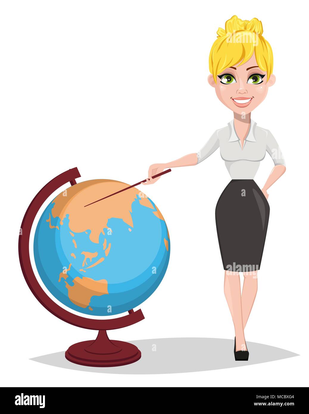 Cheerful female teacher standing near globe and showing on it with a ...