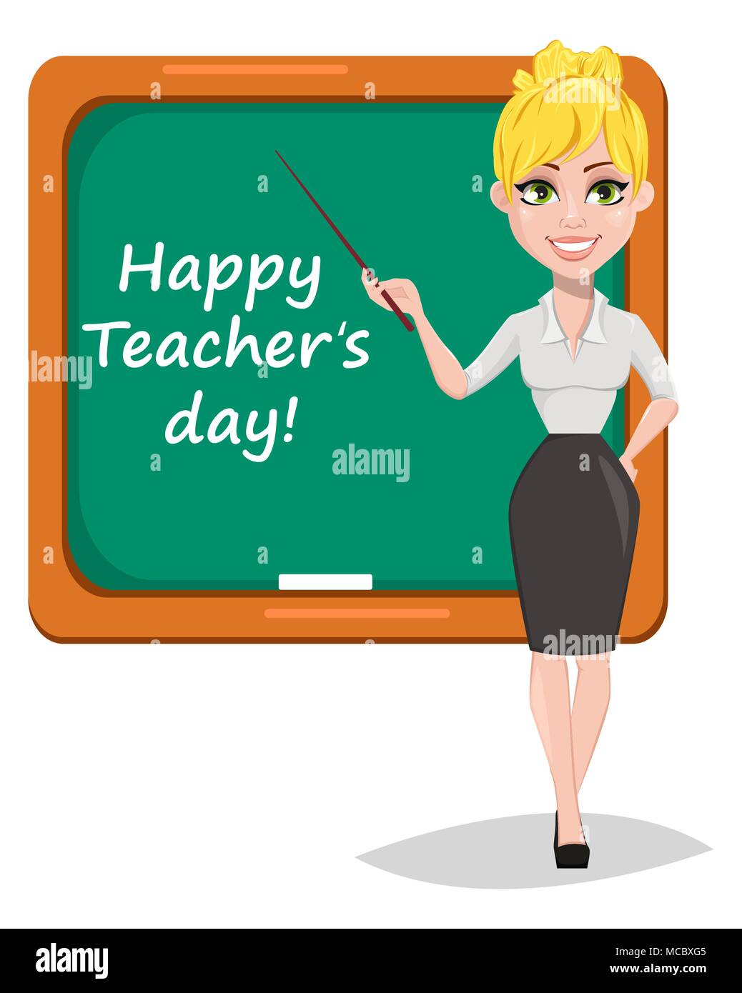 Cheerful Female Teacher Standing Near Blackboard And Holding Pointer