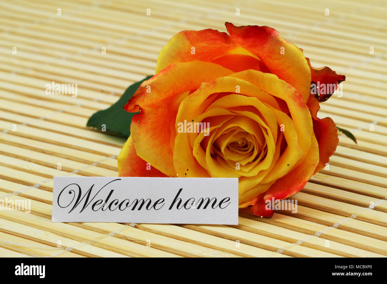 Welcome home card with orange rose on bamboo mat Stock Photo - Alamy