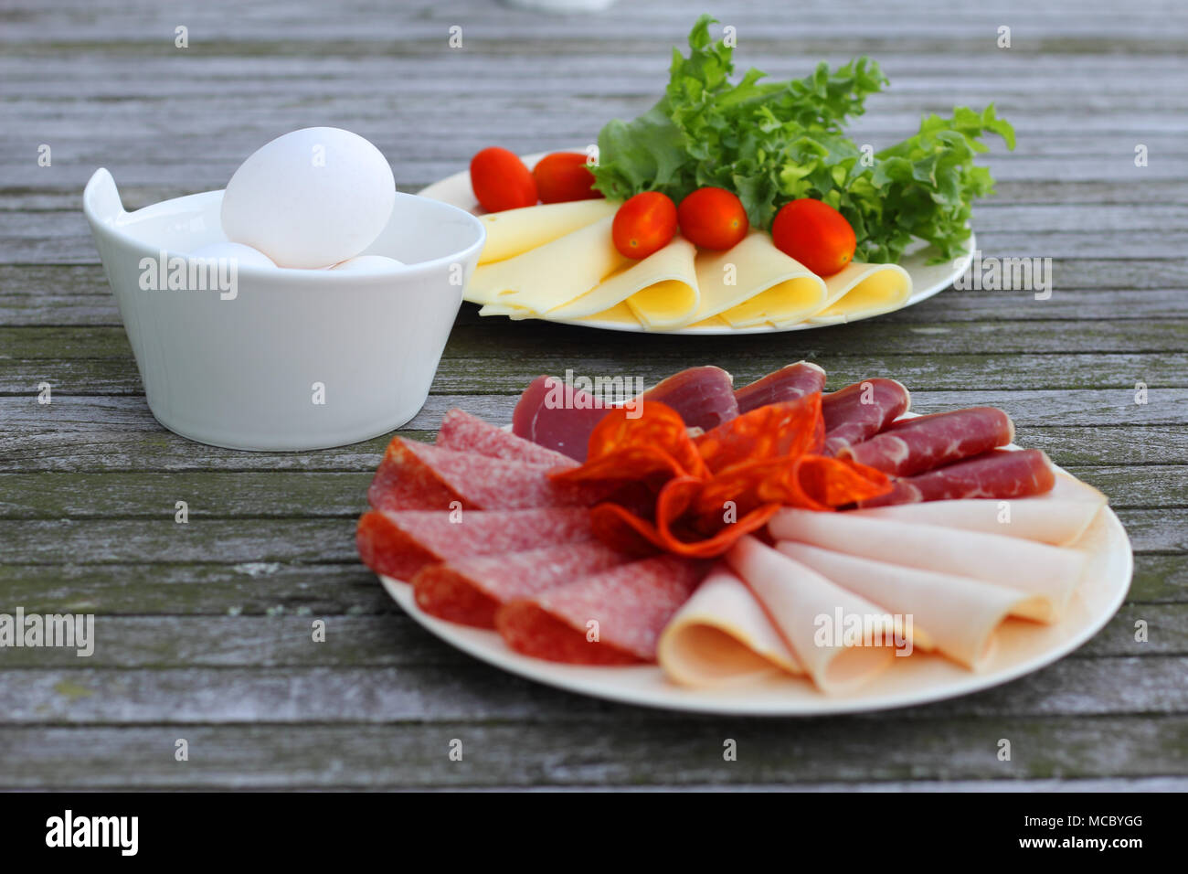 Healthy breakfast with cold cuts and eggs, scandinavian style Stock ...