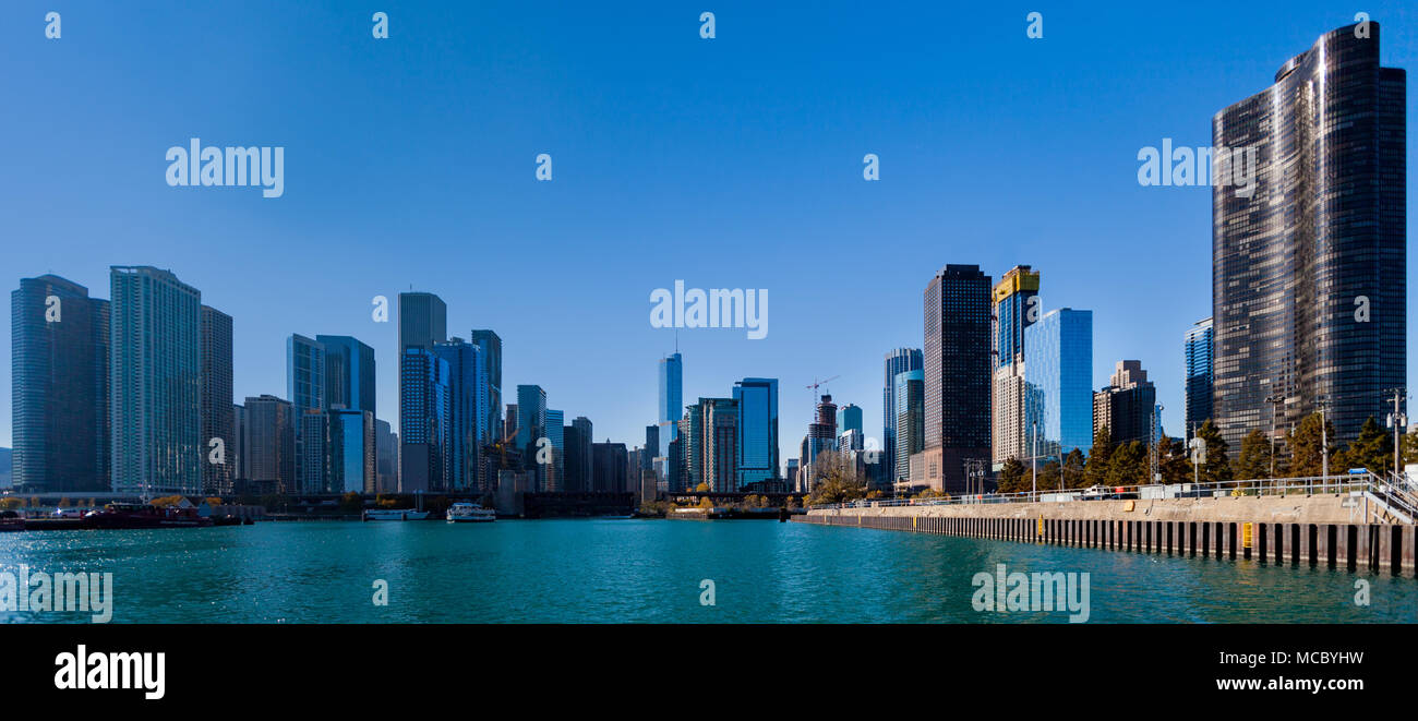 Wide Angle shot of Chicago Skyline with various skyscrapers with a blue ...