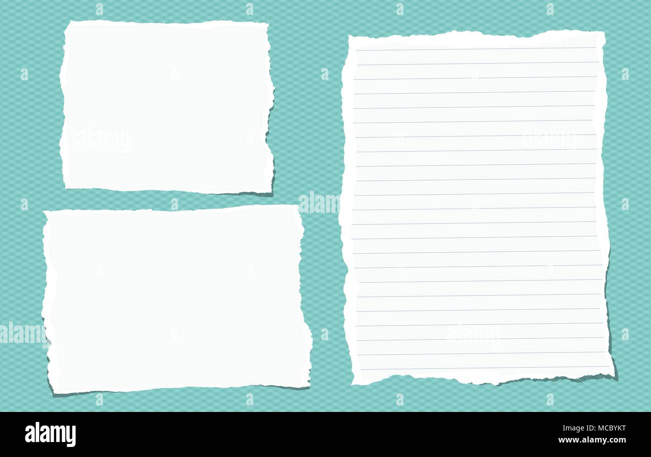 Torn note, notebook paper pieces for text stuck on turquoise square ...