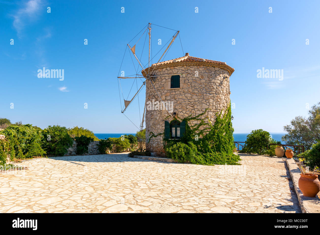 Traditional Greek old windmill on Skinari cape. Zakynthos island ...