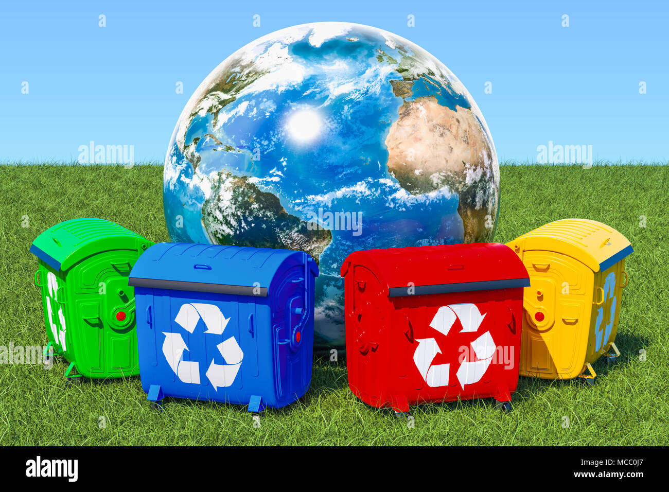 Garbage containers around Earth Globe in green grass against blue sky ...