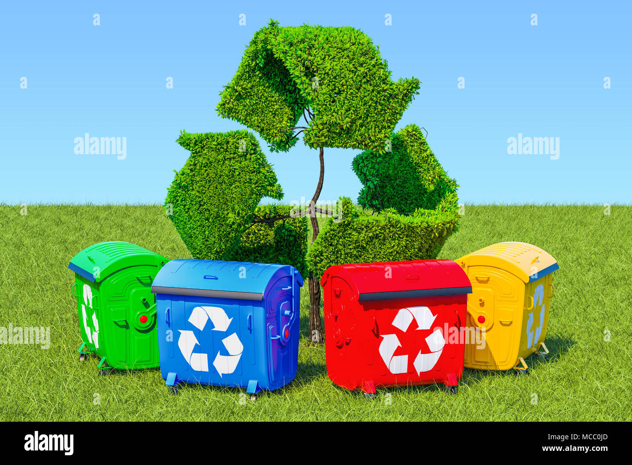 Garbage containers around tree in the shape of recycle sign in green ...