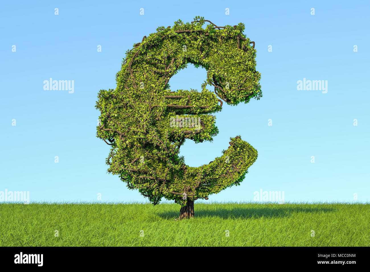 Money tree in the shape of a euro sign on the green grass against blue ...