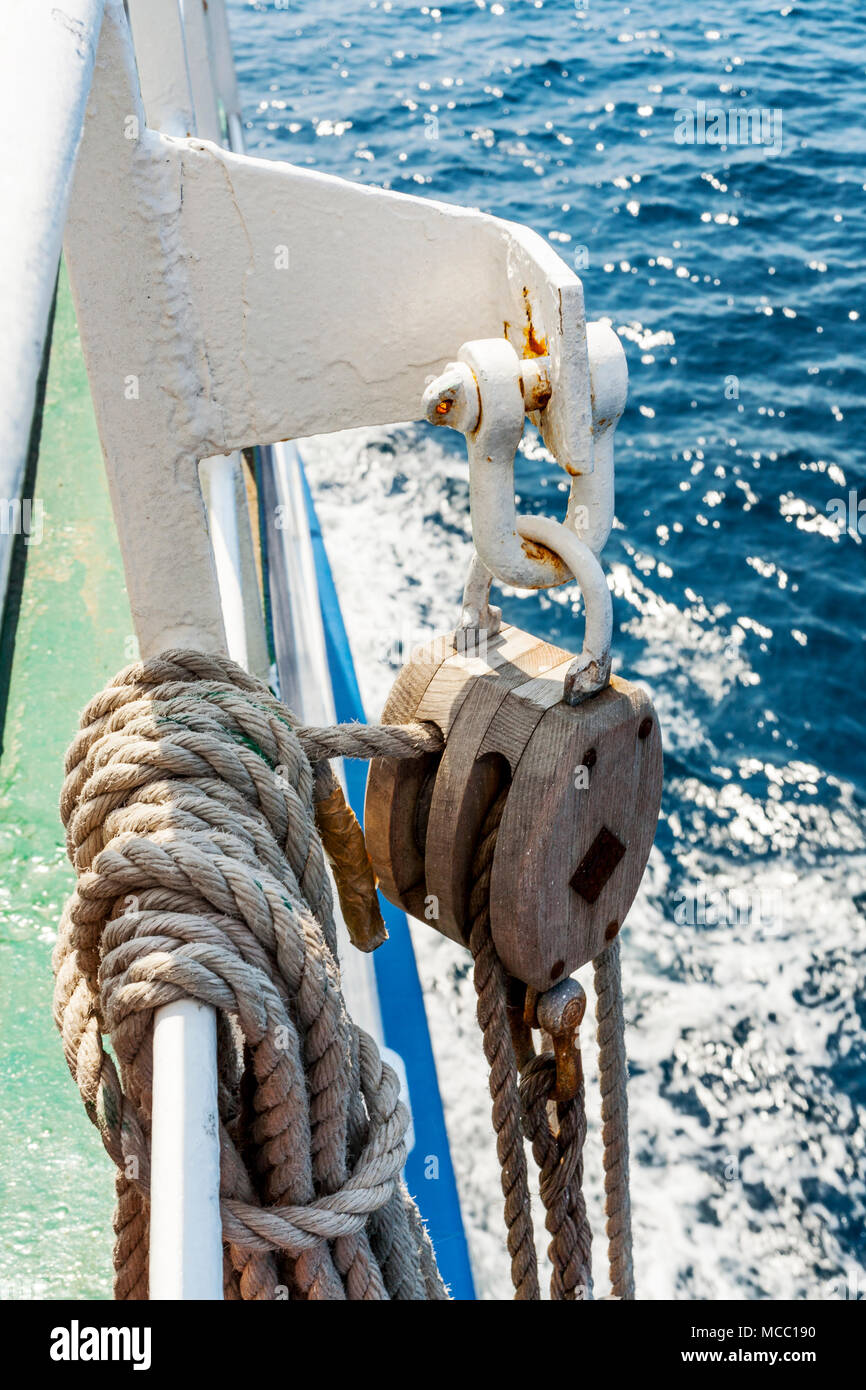 Pulley made from wood for sails with feed of nautical rope on Croatian ...