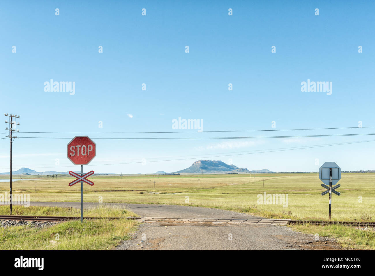 A level railway road crossing at Tweespruit, a small town in the Free ...