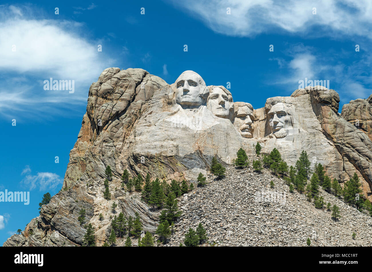 Complete wide angle view of Mount Rushmore national monument with the ...