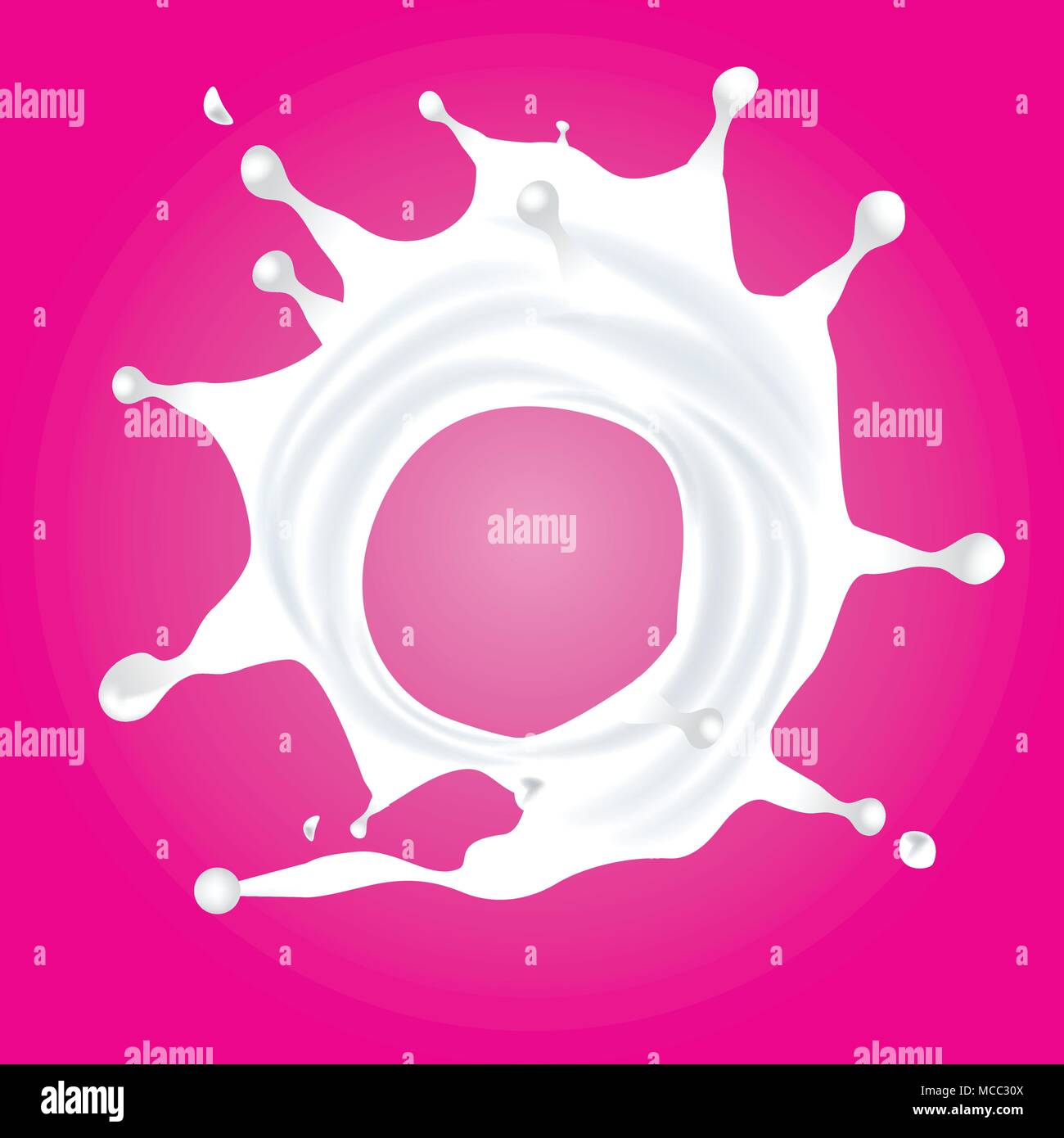 Milk splash from top view. Swirlpool effect milk splash with drops for ...