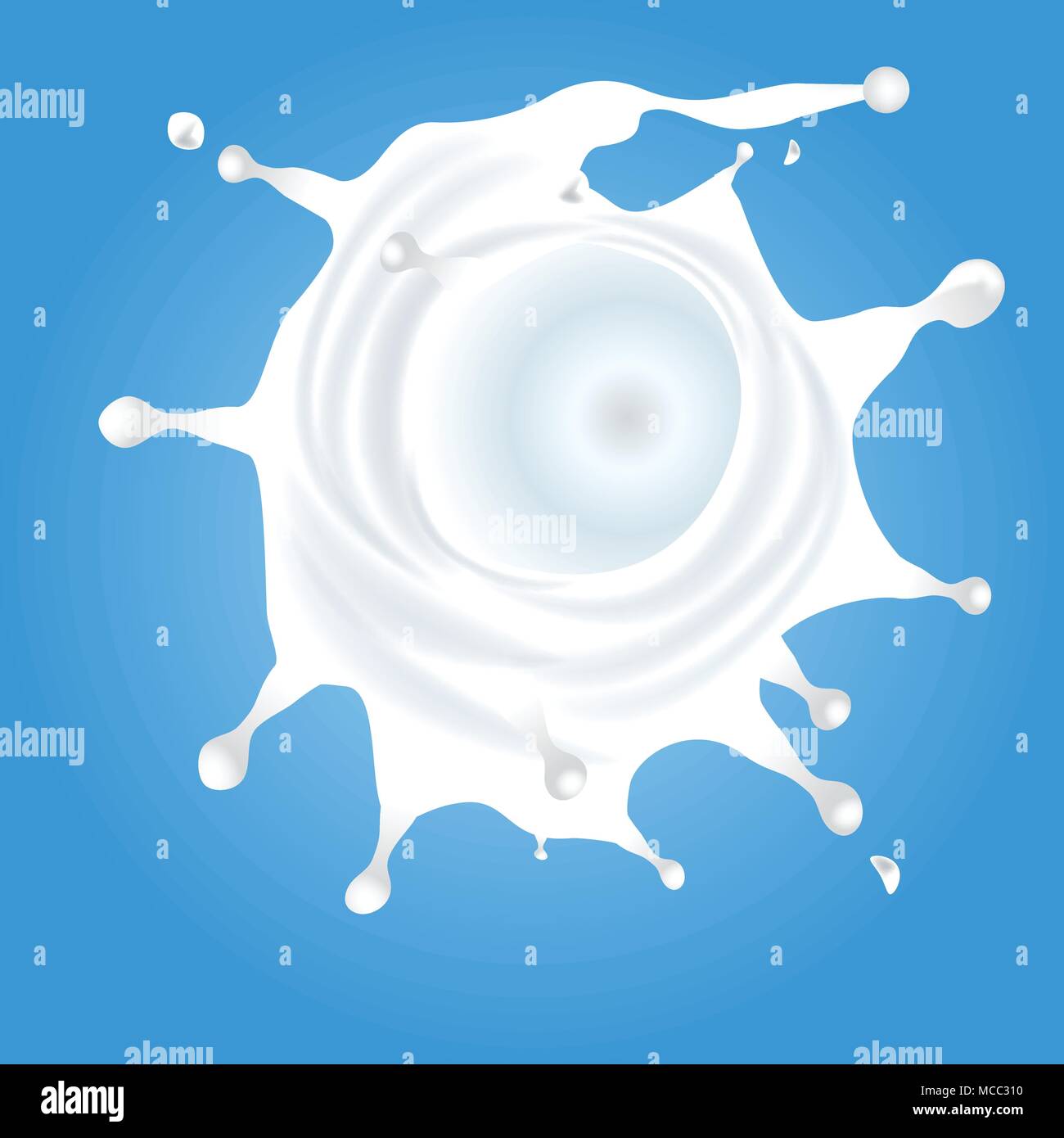 Milk splash from top view. Swirlpool effect milk splash with drops for ...