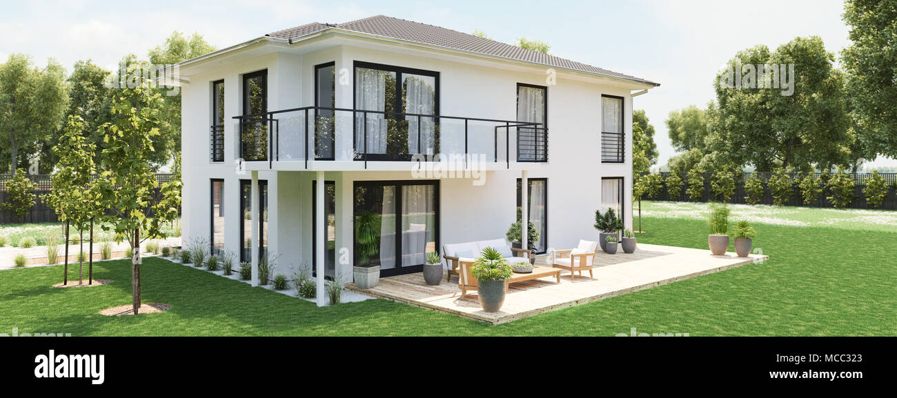 modern new house with large property. 3D rendering Stock Photo - Alamy