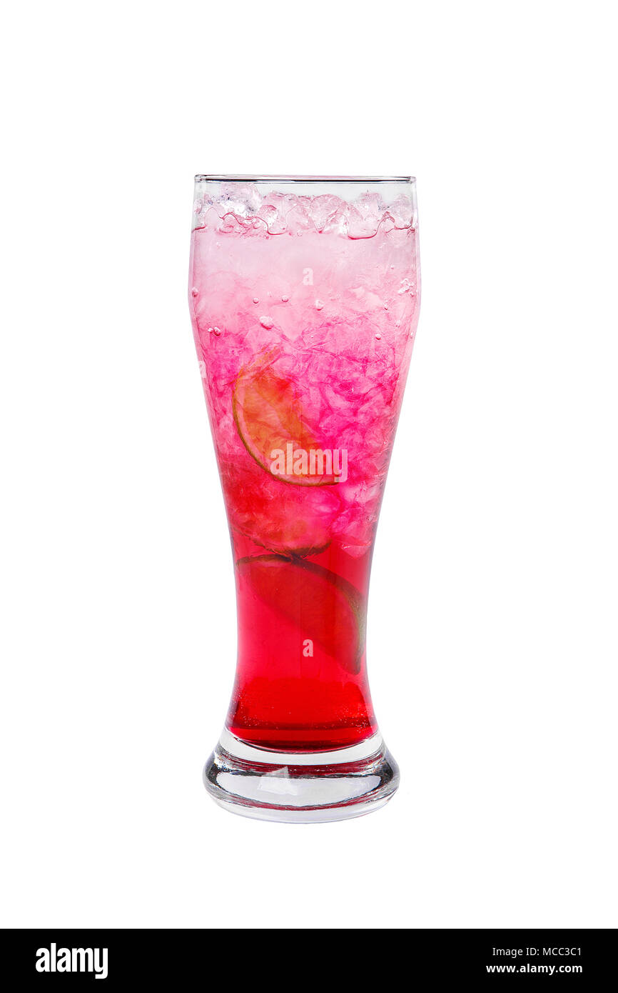 A single-colored, red pink cocktail in a tall glass with fine ice and ...