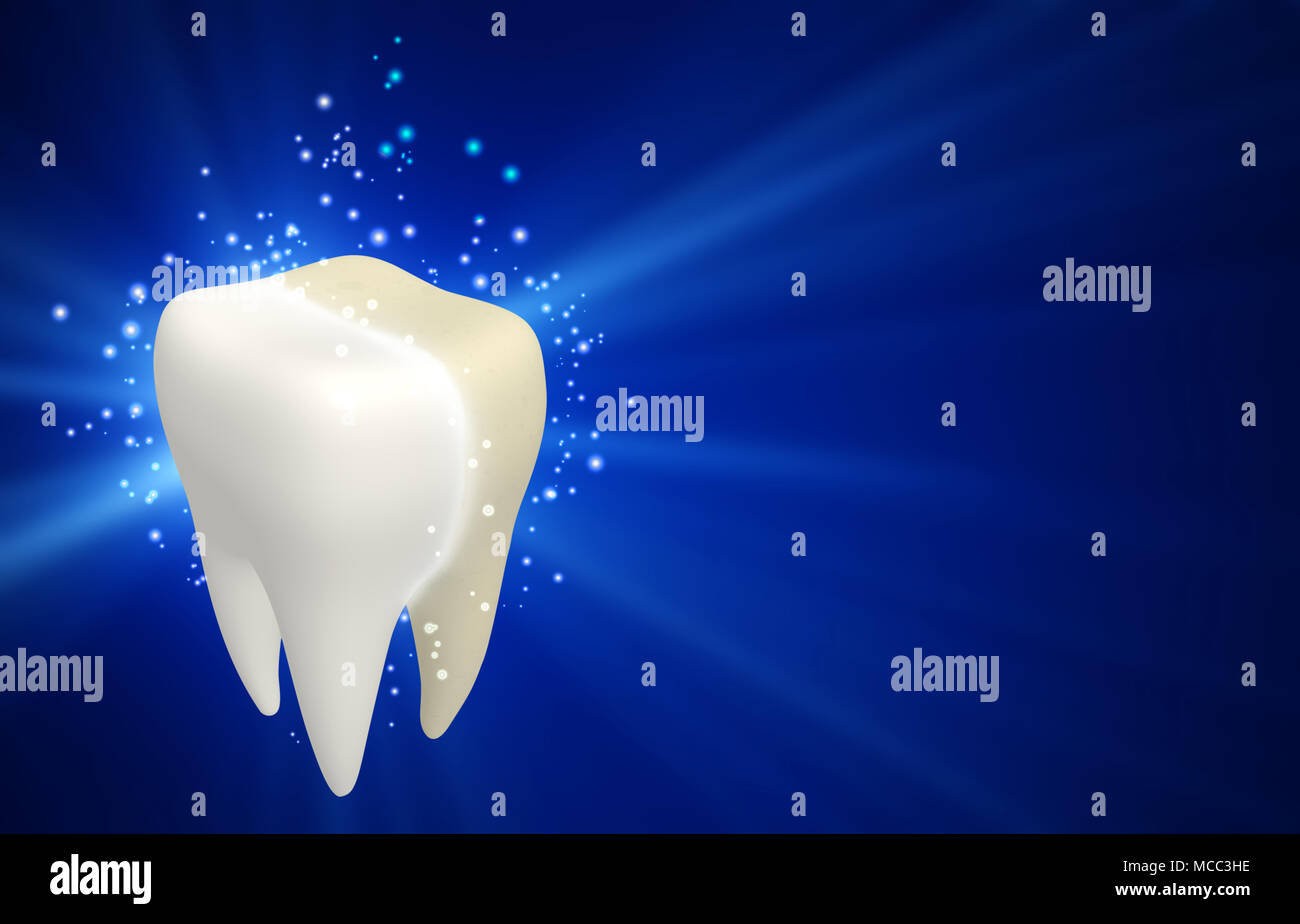Cleaning tooth process. One human tooth and magic sparks around on blue ...