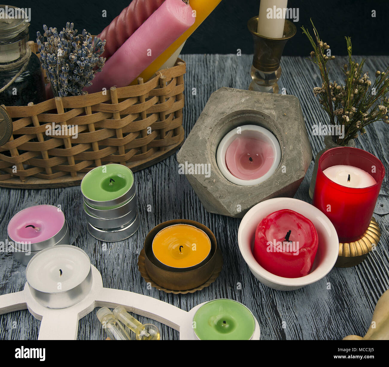 Altar with Wheel of year, pentagram and colorful candles Stock Photo ...