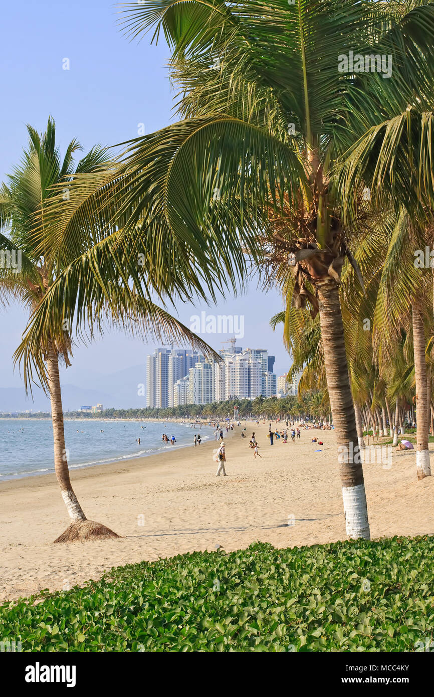 View on a beach in tropical with pal trees, Sanya, Hainan Island, China ...