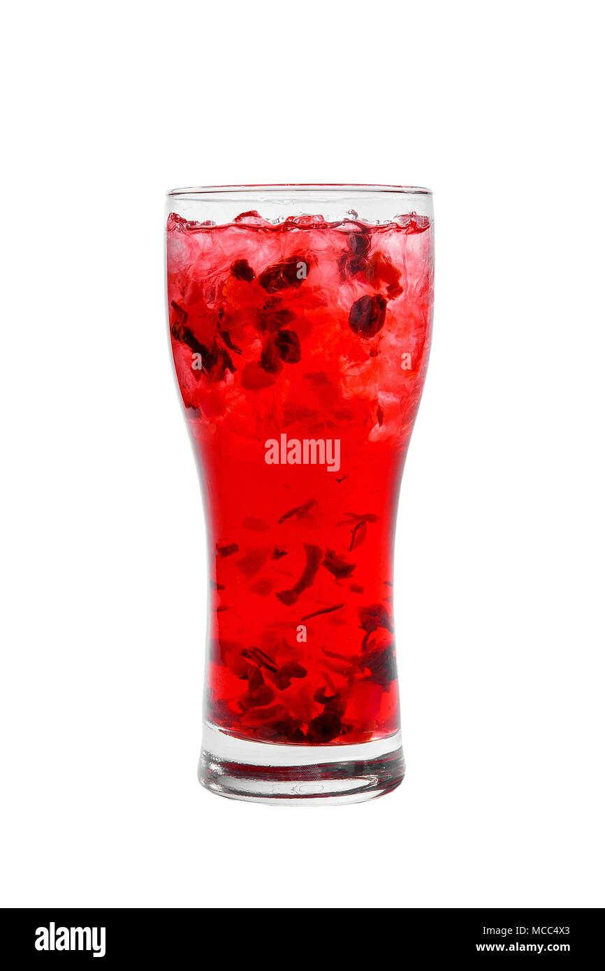 One-color, red, clear cocktail, cold tea in a tall glass with crushed ...
