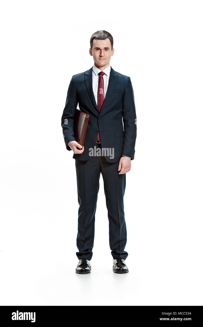 Full body portrait of businessman with folder on white Stock Photo - Alamy